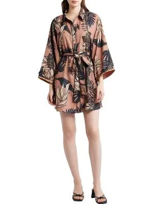 CIEBON Gaia Leaf Print Mini Shirtdress - Taupe