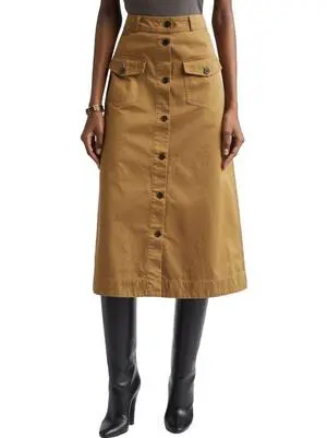 Saint Laurent Button-front Cotton Serge Midi Skirt - Chatain