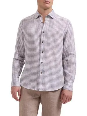 Bugatchi Karl Shaped Fit Gingham Check Linen Button-up Shirt - Navy