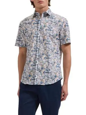 Bugatchi Orson Shaped Fit Abstract Paisley Short Sleeve Stretch Cotton Button-up Shirt - Cobalt