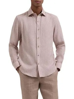 Bugatchi Axel Trim Fit Lattice Print Cotton Button-up Shirt Desert