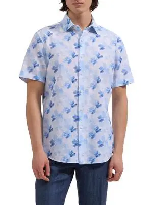Bugatchi Orson Shaped Fit Abstract Floral Short Sleeve Linen & Cotton Button-up Shirt - Classic Blue