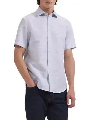 Bugatchi Orson Short Sleeve Cotton & Linen Button-up Shirt - Air Blue