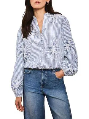 Mint Velvet Striped Embroidered Floral Blouse - Blue