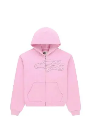 SP5DER Rhinestone Script Zip Hoodie - Pink