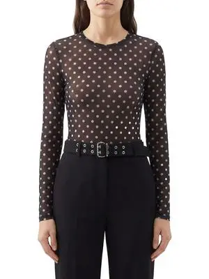 GANNI Polka Dot Mesh Long Sleeve Top - Black