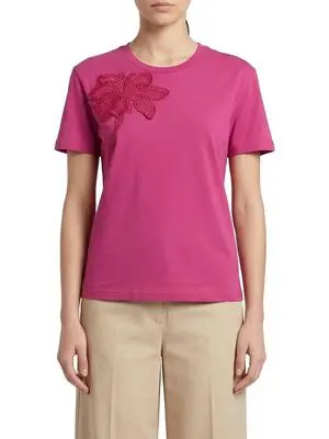 TWINSET Cotton T-shirt With Embroidered Flower Detail - Fuchsia