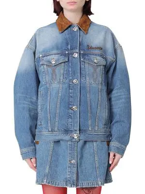 Versace Denim Jacket With Embroidered Logo And Velvet Collar - Blue