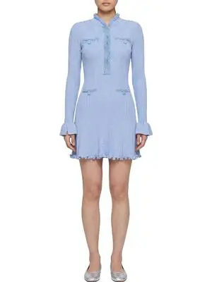 SELF-PORTRAIT Ribbed Knit Dress With Ruffled Trim - Blue