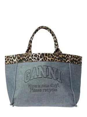 GANNI Cotton Denim Tote Bag With Animal Print Trims - Blue