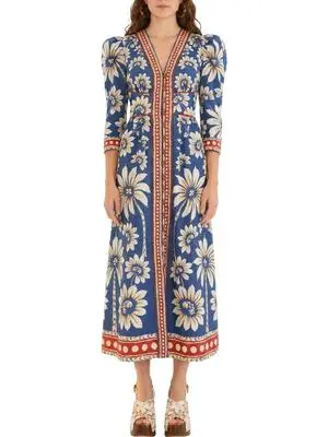 Farm Rio Floral Cotton Midi Dress - Blue