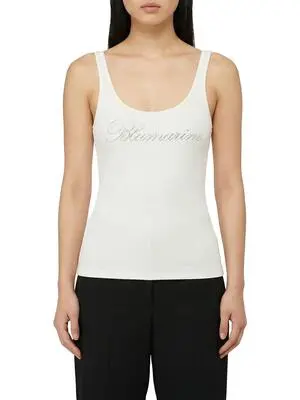 Blumarine Cotton Top With Rhinestone Logo - White