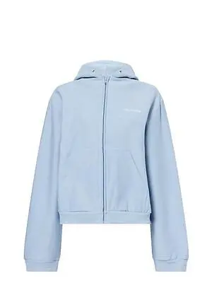Balenciaga Logo-embroidered Zip-up Cotton Hoody - Light Blue White