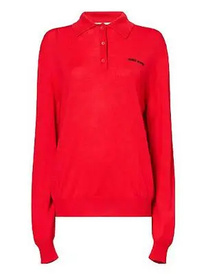 Miu Miu Logo-print Long-sleeve Wool Polo Top - Rosso