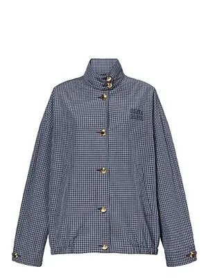 Miu Miu Brand-appliqué Checked Cotton Jacket - Bleu