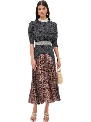 Rixo Meg Leopard Polka Dot Godet-skirt Dress - Black
