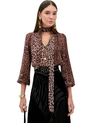 Rixo Moss Leopard Silk Blouse Regular - Brown