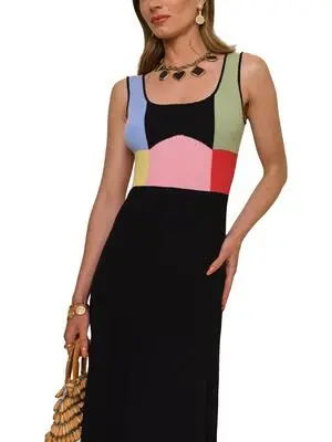 Rixo Abisola Geo Multi Strappy Knit Midi Dress - Black