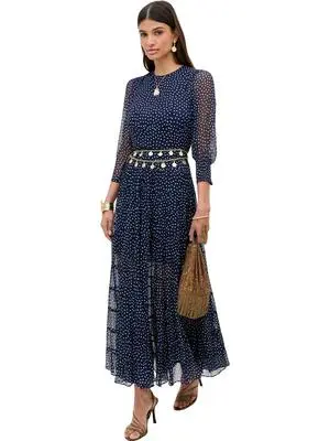 Rixo Kristen Polka Dot Tiered Midi Dress - Navy