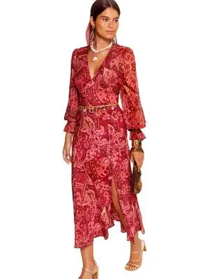 Rixo Aoife Grace Paisley Berry Silk Midi Dress - Red