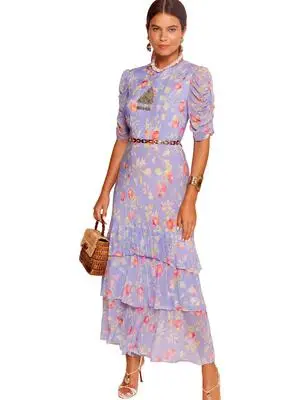 Rixo Evelyn Waterblossom Provence Ruffled Midi Dress - Blue