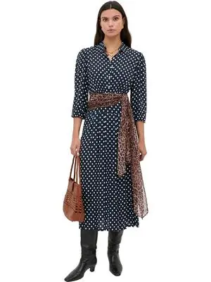 Rixo Izzy Runway Spot Pleated Shirtdress - Navy