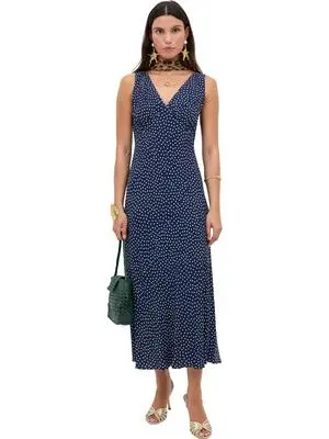 Rixo Sandrine Mini Dot V-neck Midi Dress - Navy
