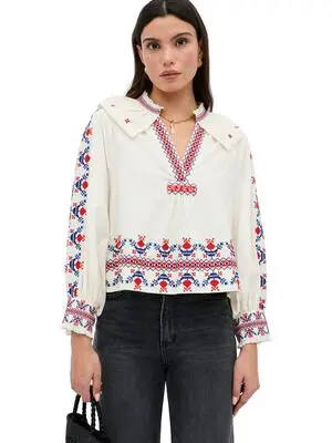 Rixo Brisella Gea Geo Embroidery Blouse - White