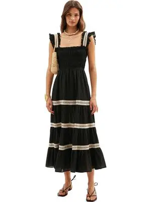 Rixo Aubrie Tiered Midi Dress Black