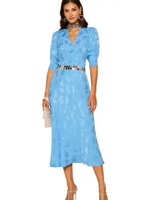 Rixo Zadie Daisy Jacquard V-neck Midi Dress - Blue