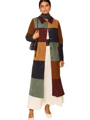 Rixo Milly Patchwork Suede Coat Brown