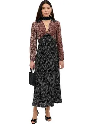 Rixo Kaila Leopard Spot Silk Midi Dress - Brown