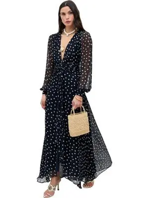 Rixo Meera Bohemia Spot Viscose Midi Dress - Navy