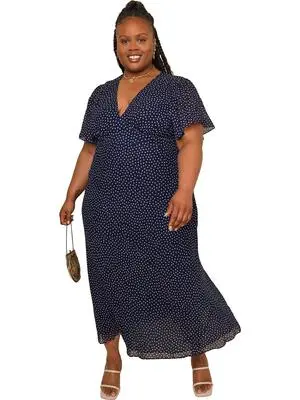 Rixo Florida Mini Dot V-neck Midi Dress - Navy