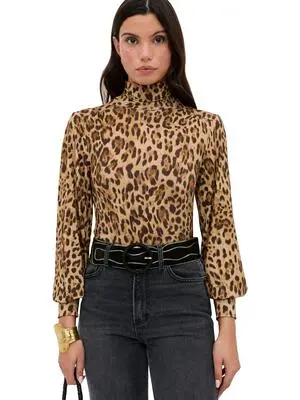 Rixo Suki Mila Leopard Turtleneck Top - Brown