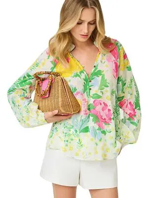 LILLY PULITZER Renisha Long Sleeve Top - Multi Poppy Party Engineered Woven Top