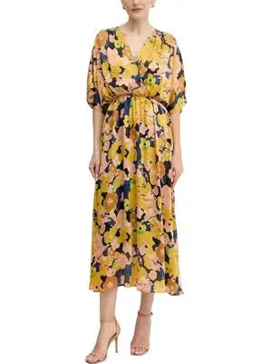 MORGAN Floral-patterned V-neck Midi Dress - Yellow
