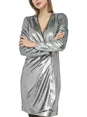MORGAN Sequined V-neck Mini Dress - Silver