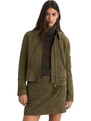 REISS Suede Zip-through Jacket - Khaki Green