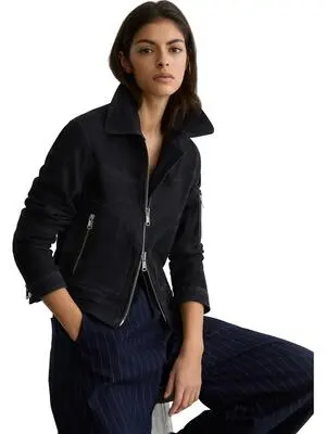 REISS Suede Zip-through Jacket - Navy