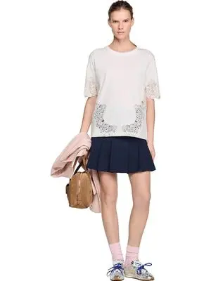 Sandro Cotton T-shirt With Lace Detail - Ecru