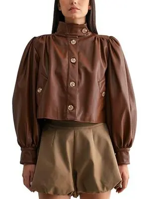 LUVEE Faux Leather Puff Sleeve Jacket - Brown