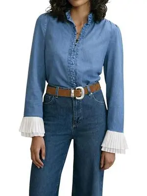 Mint Velvet Denim Blouse With Contrast Cuffs - Blue
