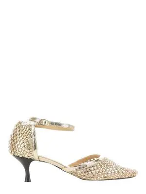 STRATEGIA SHOES Embellished Rhinestone Ankle Strap Pumps - Gold