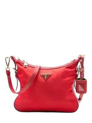 Prada Saffiano Trimmed Tessuto Zip Top Crossbody Bag - Red