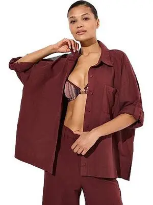 Victoria's Secret Linen Boxy Long-sleeve Shirt - Red