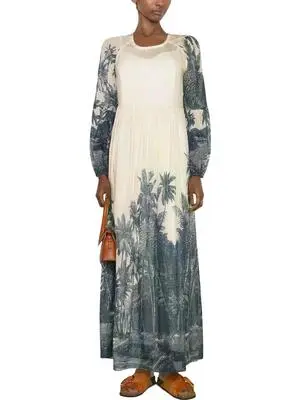 Max Mara Palm Tree-print Long Dress - Neutrals