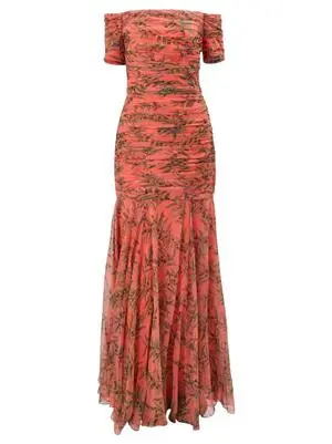 Carolina Herrera Olive Branch-print Ruched Gown - Pink
