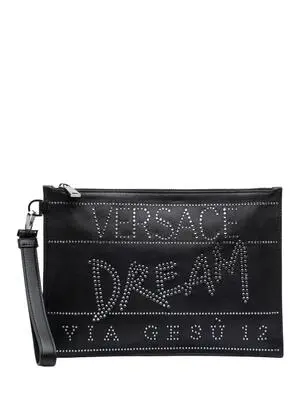 Versace Crystal Embellished Leather Clutch Bag - Black