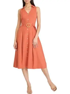 Maggy London Linen Blend Sleeveless Midi Shirtdress With Belt - Burnt Brick